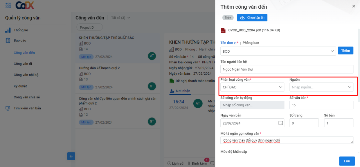 Minh họa quy trình xử lý công văn đến dành cho văn thư trên CoDX Dispatch