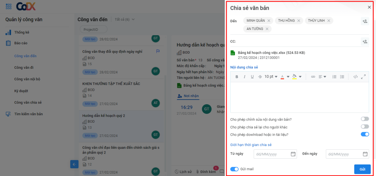 Minh họa quy trình xử lý công văn đến dành cho văn thư trên CoDX Dispatch